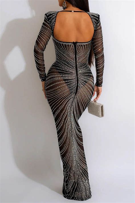 Wholesale Black Sexy Patchwork Hot Drilling See Through Backless Square