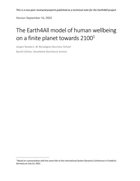 Pdf The Earth4all Model Of Human Wellbeing On A Finite Planet Towards