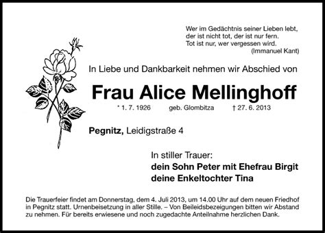 Traueranzeigen Von Alice Mellinghoff Trauer Nn De