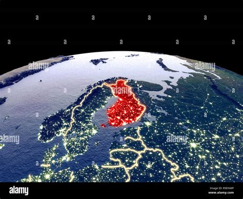 Finland From Space On Planet Earth At Night With Bright City Lights