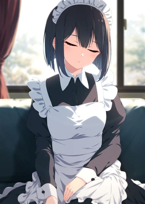 Safebooru 1girl Apron Black Dress Black Hair Blurry Blurry Background
