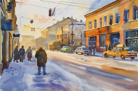 Watercolor Of A Small Town In Winter Stock Image Image Of Cold Merge