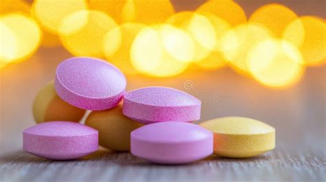 Pink Tablets Stacked On Wooden Surface With Golden Bokeh Lights