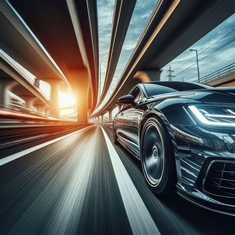 Fast Black Car Racing Under Overpass At Sunset With Dynamic Lighting