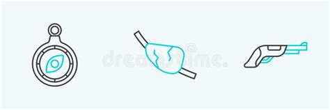 Set Line Vintage Pistol Compass And Pirate Eye Patch Icon Vector Stock Vector Illustration