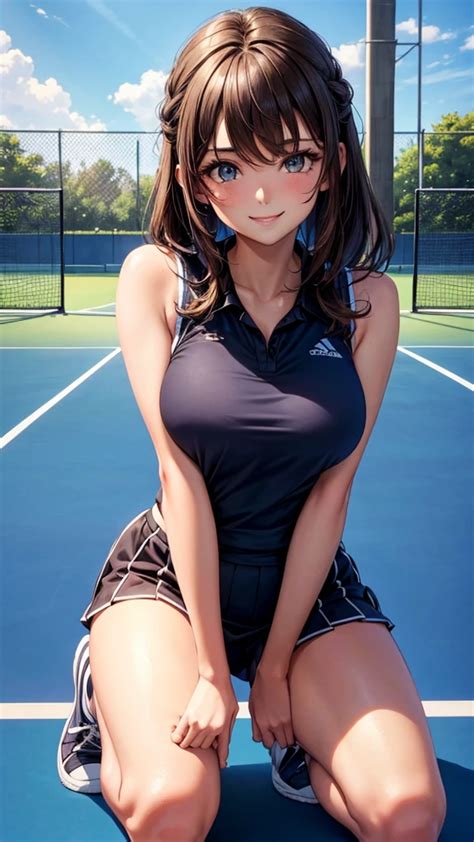 Anime Girl Kneeling On A Tennis Court With A Racket Seaart Ai
