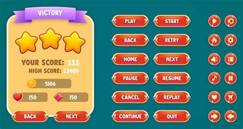Premium Vector Colorful Game Ui Kit Set Of Victory Menu Scene Pop Up Icons And Buttons With