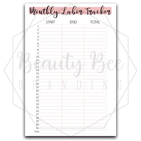 Planner Inserts Monthly Labor Tracker Beauty Bee Branding Llc