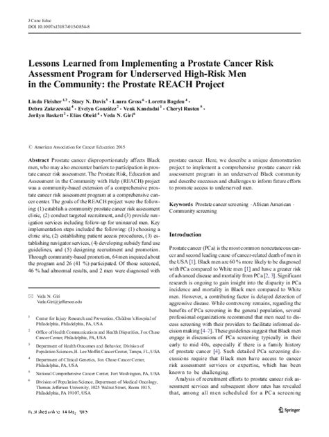 Pdf Lessons Learned From Implementing A Prostate Cancer Risk