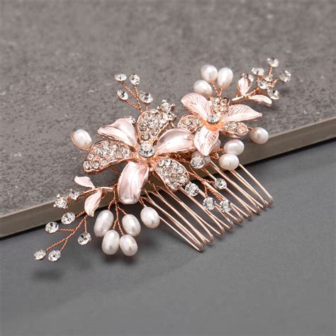 Brushed Rose Gold Floral Wholesale Wedding Comb With Freshwater Pearls