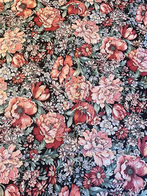 Colorful Floral On Black Vintage Fabric Floral Roses Wildflowers