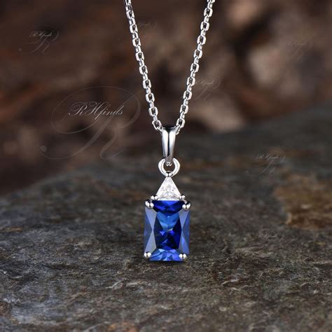 Vintage Emerald Cut Blue Sapphire Necklace Unique Trillion Moissanite
