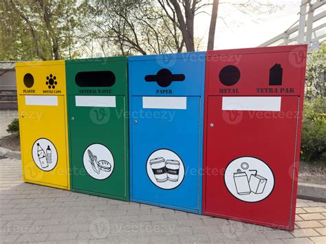 Modern Waste Sorting Bins In An Eco Friendly Urban Environment Yellow