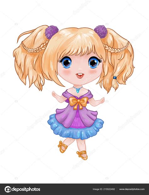 Ilustración Chibi Pequeña Linda Chica Anime Vestido Azul Púrpura