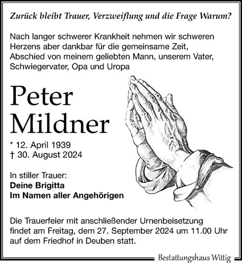 Traueranzeigen Von Peter Mildner Trauer Anzeigende