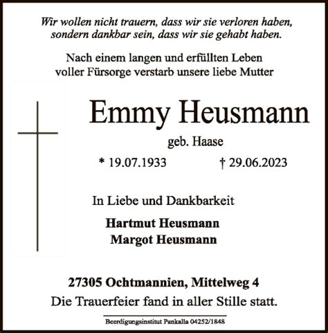 Traueranzeigen Von Emmy Heusmann Trauerkreiszeitungde