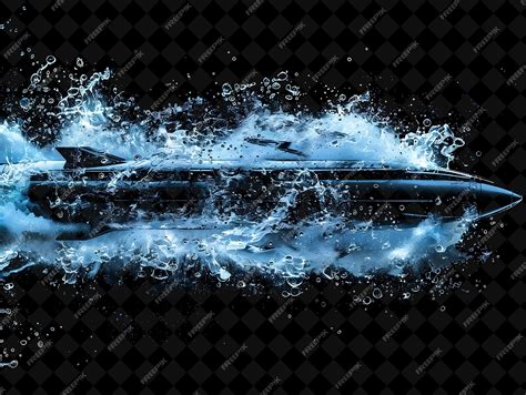 Torpedo Explosion With Water Splashes Bubbles And Submarine Png Neon Effect On Dark Background
