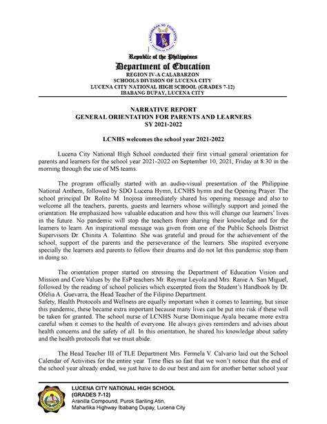 6 Narrative General Orientation For Sbm Purposes Narrative Report General Orientation For