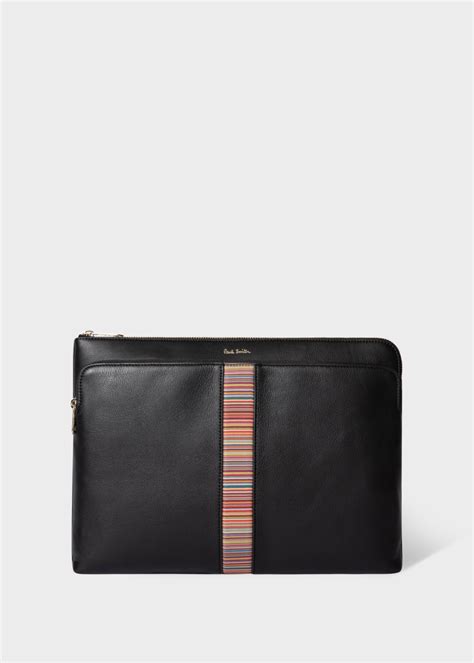 Black Leather Signature Stripe Document Case