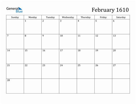 February 1610 Monthly Calendar