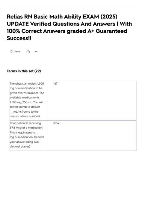 Relias Rn Basic Math Ability Exam Questions And Answers 100 Verified