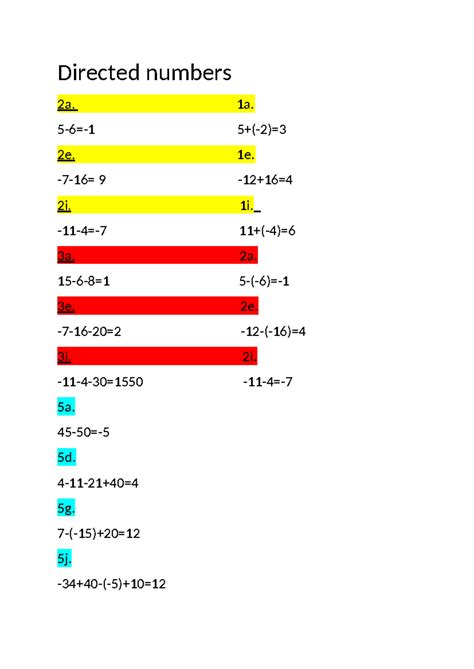 Maths Homework Directed Numbers Directed Numbers 2a 1a 5 6 1 5 2 2e 1e 7 16 9 12