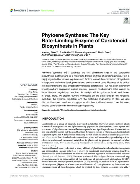 Pdf Phytoene Synthase The Key Rate Limiting Enzyme Of Carotenoid Biosynthesis In Plants