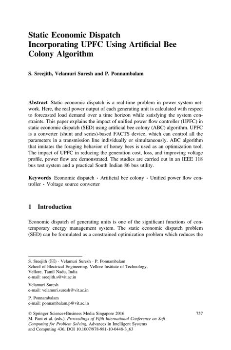 Pdf Static Economic Dispatch Incorporating Upfc Using Artificial Bee Colony Algorithm