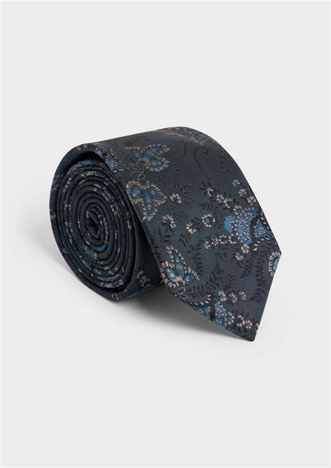 Cravate Large En Soie Mélangée Bleu Prusse à Motif Fleuri Bleu Et Gris