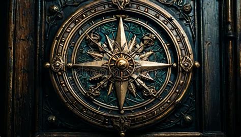 Ornate Metal Compass Rose On An Old Wooden Door Stock Image Image Of