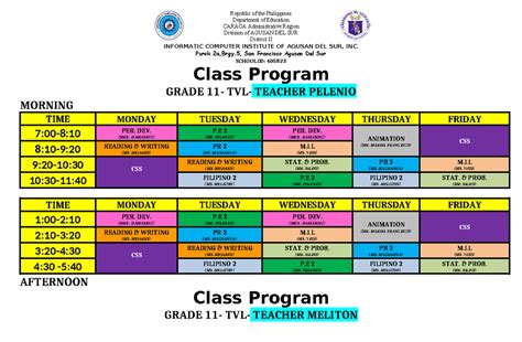 Class Program Per Section Final Department Of Education Caraga
