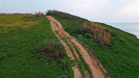 Green Slopes Covered Grass With Ground Path Closeup High Hills