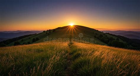 Sunrise Over Hilltop Meadow Stock Illustration Illustration Of Nature