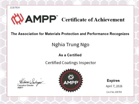 Certificate Of Achievement Nace Coating Inspector Level 2 Certified