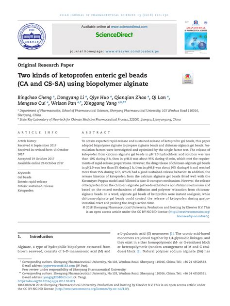 Pdf Two Kinds Of Ketoprofen Enteric Gel Beads Ca And Cs Sa Using