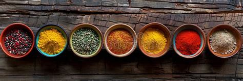 A Top Down View Of Seven Colorful Spices In Various Ceramic Bowls