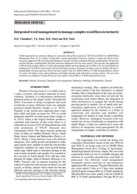 Pdf Integrated Weed Management To Manage Complex Weed Flora In Turmeric