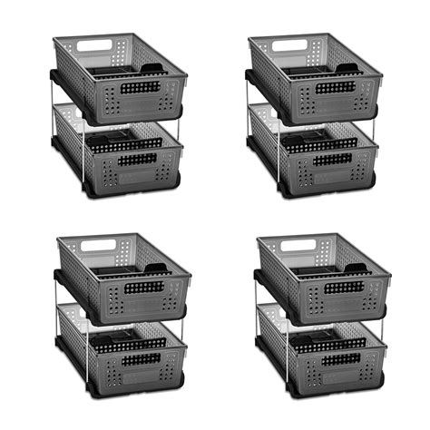 Madesmart 4 Pack Of 2 Tier Organizers Carbon Slide Out Storage Bins