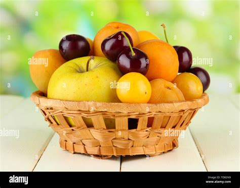 Bright Summer Fruits In Basket On Wooden Table On Natural Background