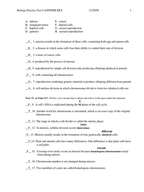 Biology Chapter 9 Practice Test With Answers Pdf Mitosis Meiosis