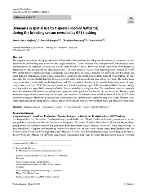 Pdf Dynamics In Spatial Use By Ospreys Pandion Haliaetus During The