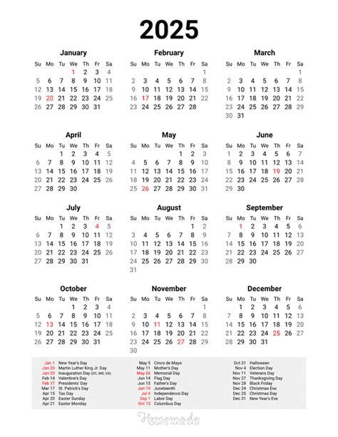 Download And Print Free Printable Yearly Calendar With Holidays Free Pdf