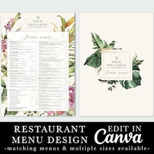 Restaurant Menu Design Greenery Menu Foliage Floral Restaurant Menu
