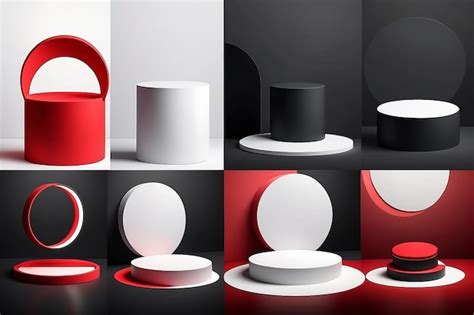set of realistic 3d background with cylinder podium black red white