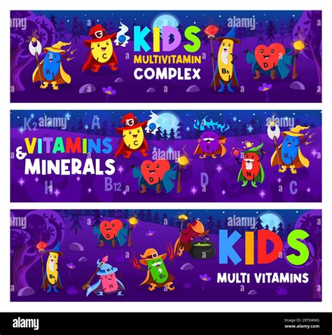 Cartoon Vitamin And Micronutrient Wizards Mages And Sorcerers Vector