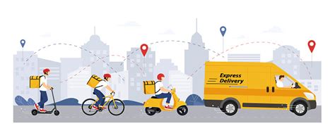 온라인 배달 서비스 개념 온라인 주문 추적 가정 및 사무실 배달 스쿠터 자전거 자동차에 택배의 벡터 그림 웹 페이지 응용 프로그램 디자인 도시 풍경 배경 감시에 대한 스톡