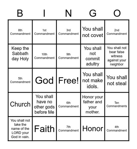 The Ten Commandments Bingo Card