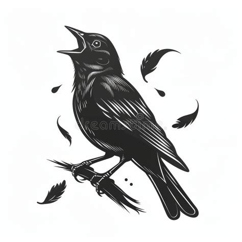 Illustrated Singing Bird Perched On Branch With Falling Leaves And