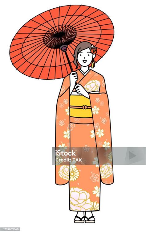 신년식이나 성인식 졸업식 결혼식 등에서 하츠모데 후리소데를 입은 여자가 웃는 얼굴로 우산을 들고 있습니다 Hatsumode에 대한 스톡 벡터 아트 및 기타 이미지 Istock