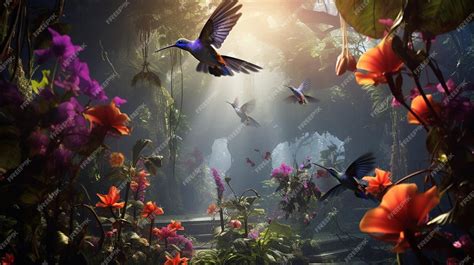 Swarm Of Hummingbirds Feeding On Nectar From Exotic Flowers In A